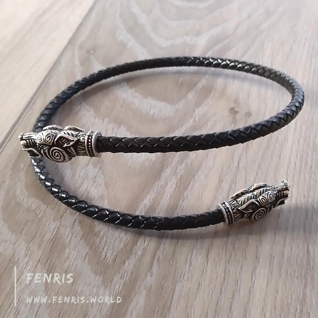 Wolf Arm Ring Torc Bracelet Silver Black Leather – Fenris