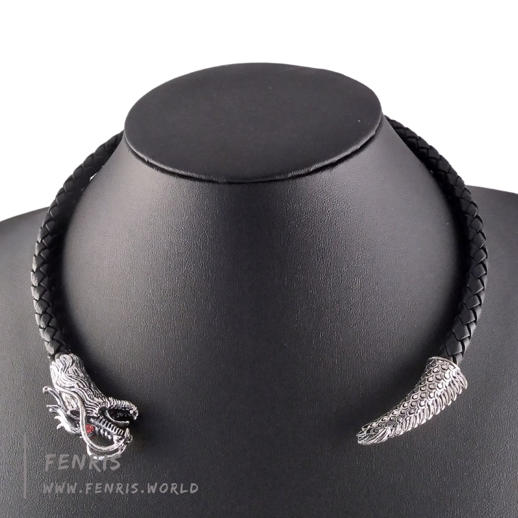 Dragon Torc Necklace Silver Black Leather Tail Chaser – Fenris