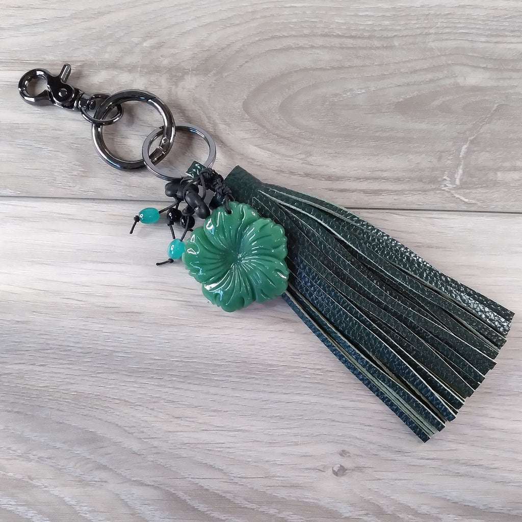 Jade Flower Key Chain Green Leather Tassel – Fenris
