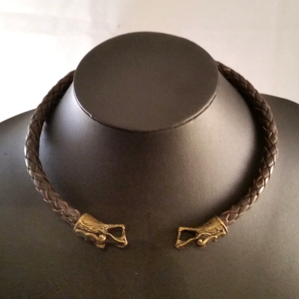 Dragon Torc Necklace Bronze Brown Leather Viking Style – Fenris