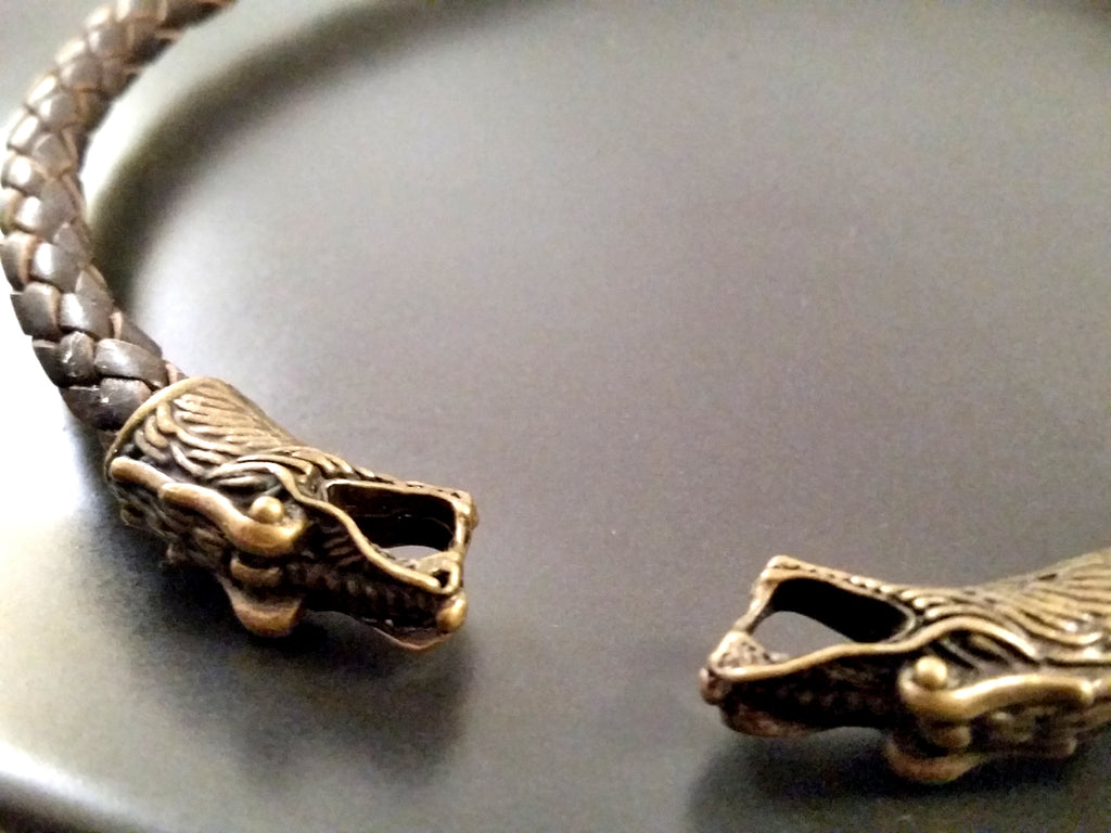 Dragon Torc Necklace Bronze Brown Leather Viking Style – Fenris