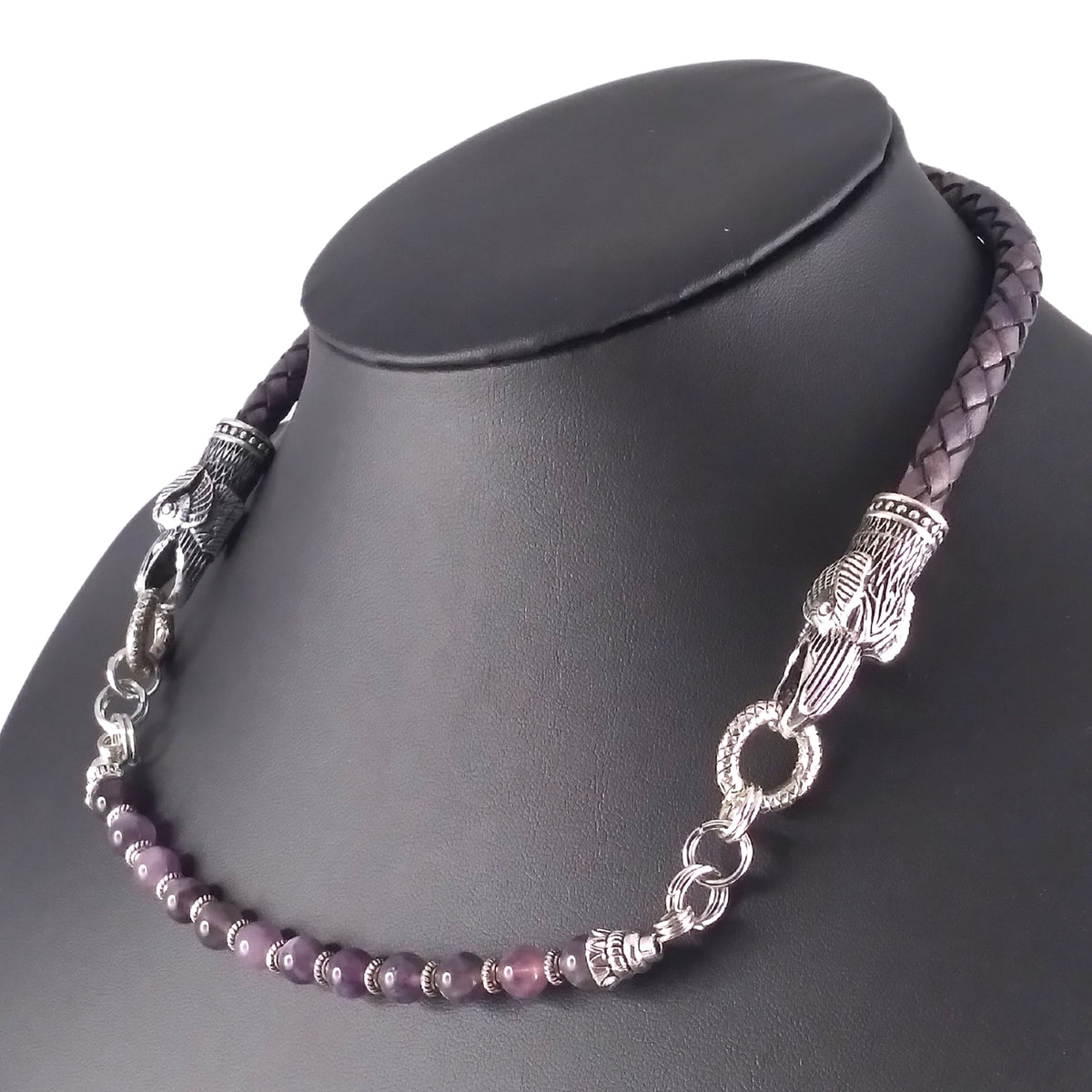 Raven Necklace Choker Silver Gray Leather Amethyst Beads – Fenris