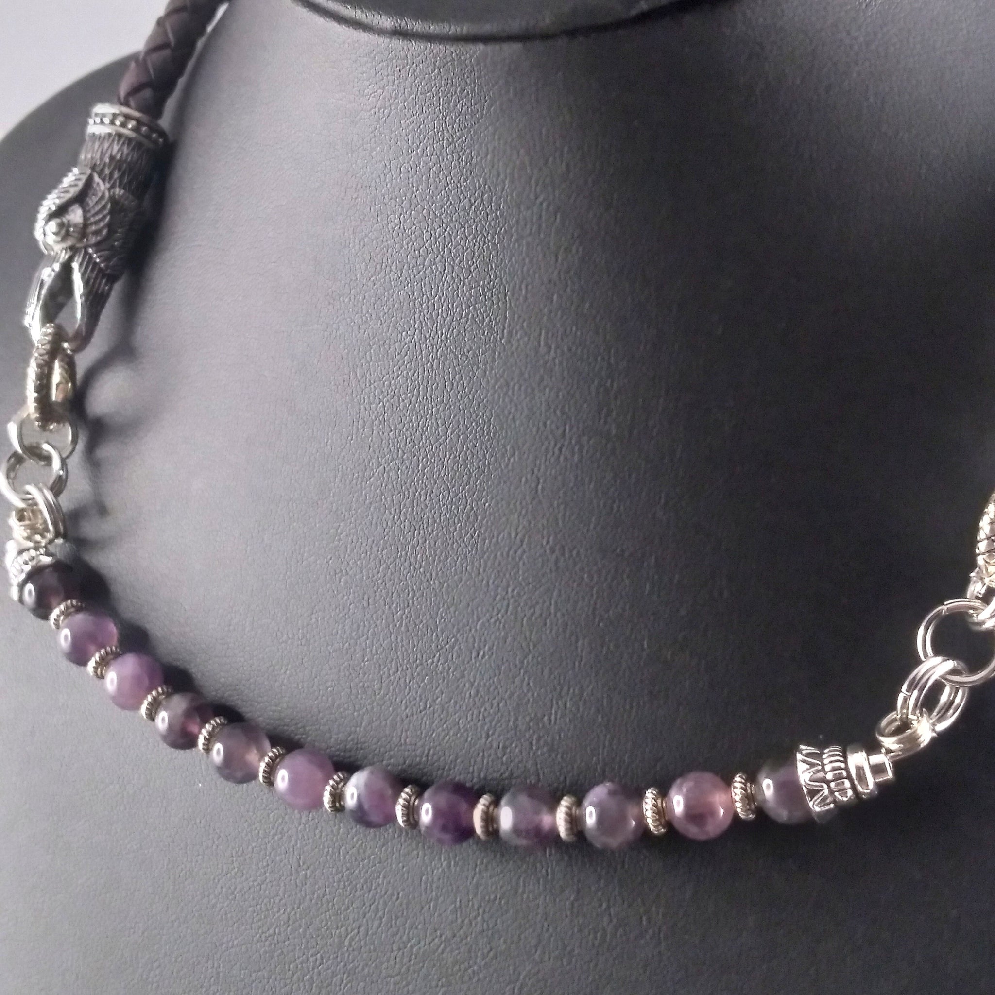 Raven Necklace Choker Silver Gray Leather Amethyst Beads – Fenris