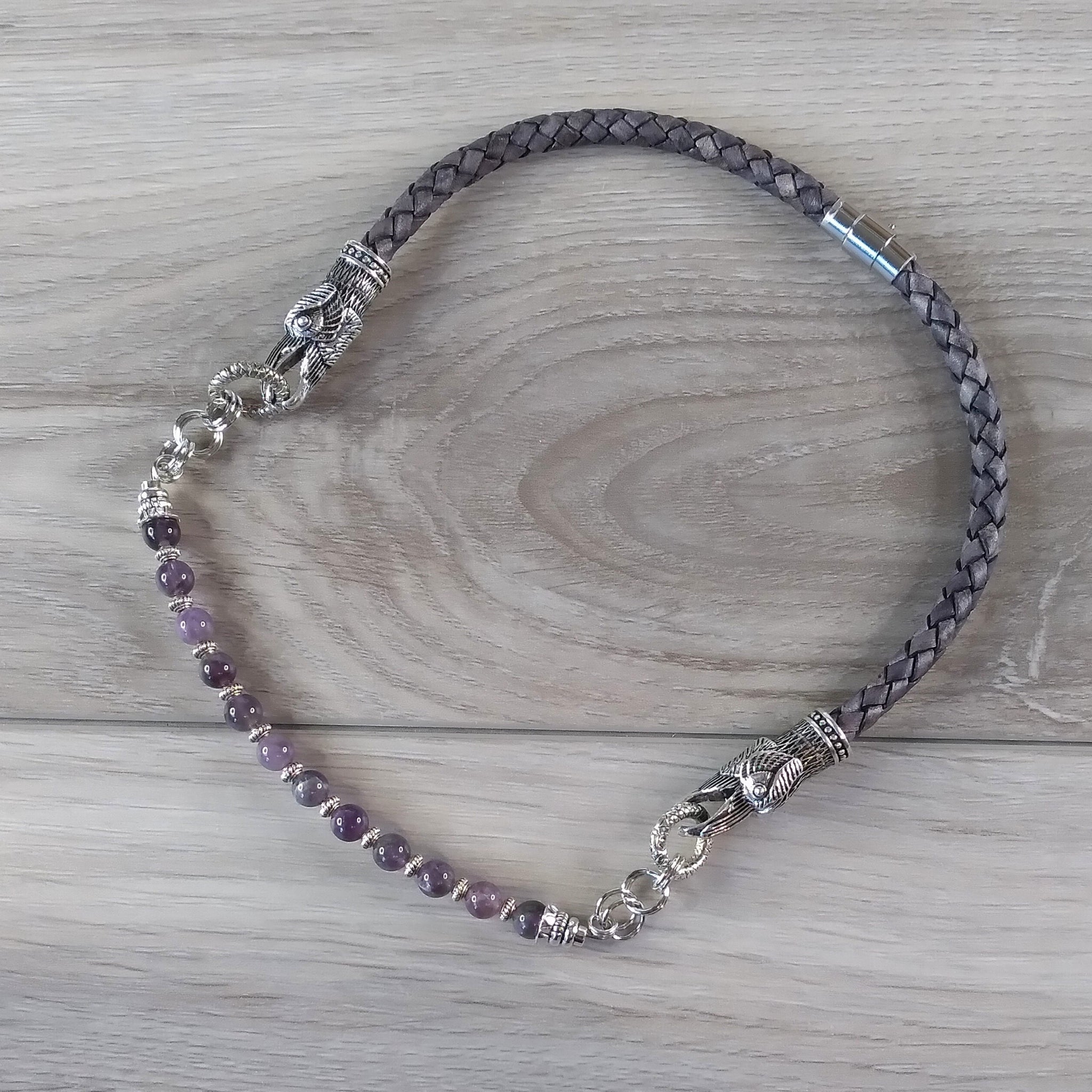 Raven Necklace Choker Silver Gray Leather Amethyst Beads – Fenris