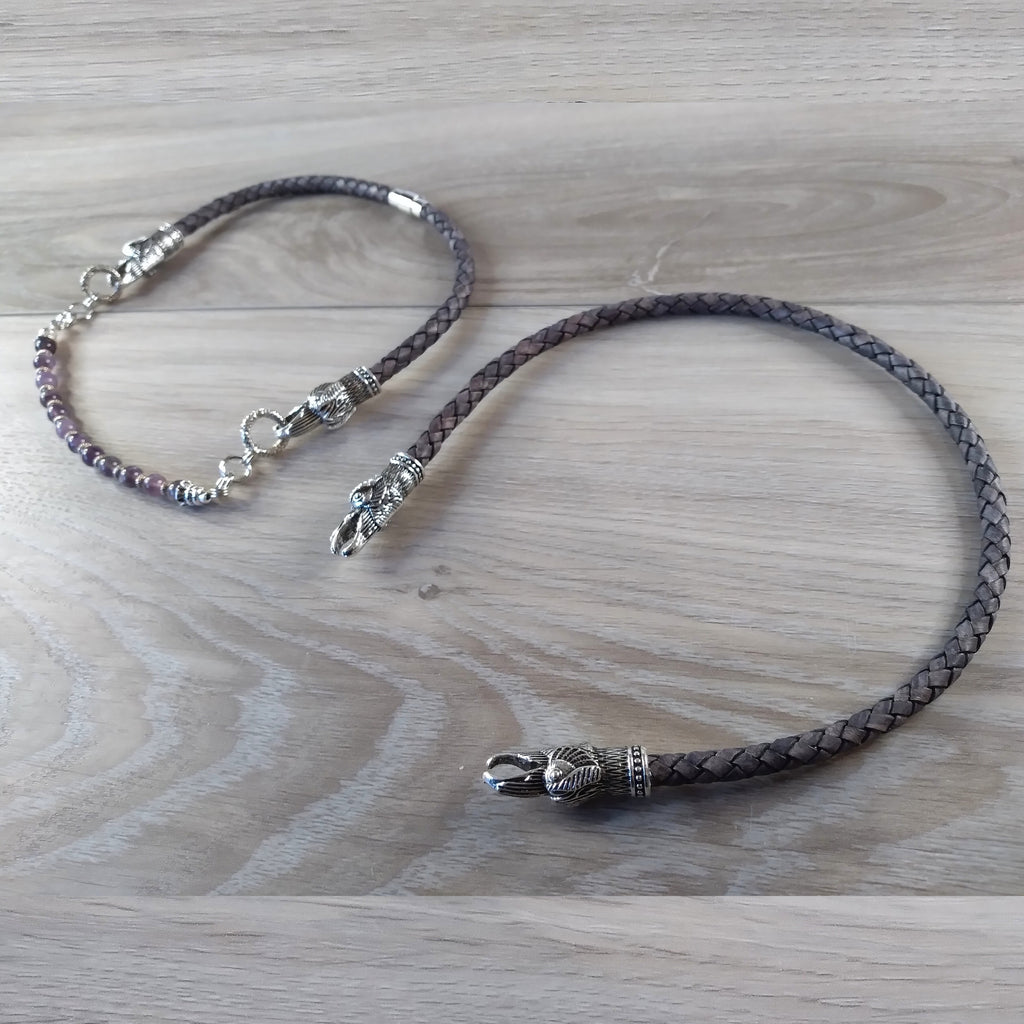 Raven Necklace Choker Silver Gray Leather Amethyst Beads – Fenris