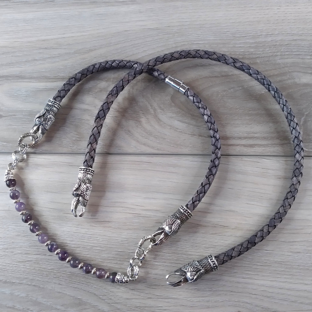 Raven Necklace Choker Silver Gray Leather Amethyst Beads – Fenris