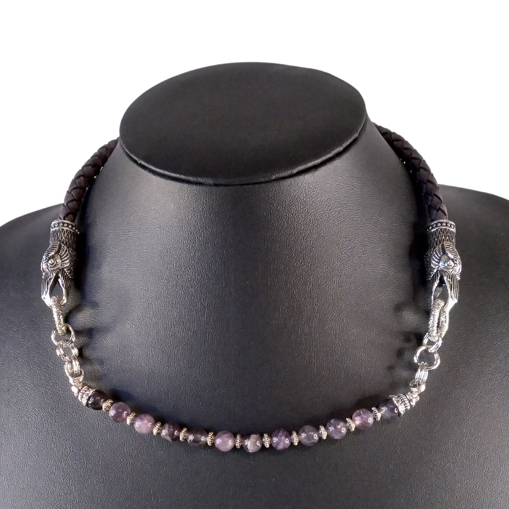 Raven Necklace Choker Silver Gray Leather Amethyst Beads – Fenris