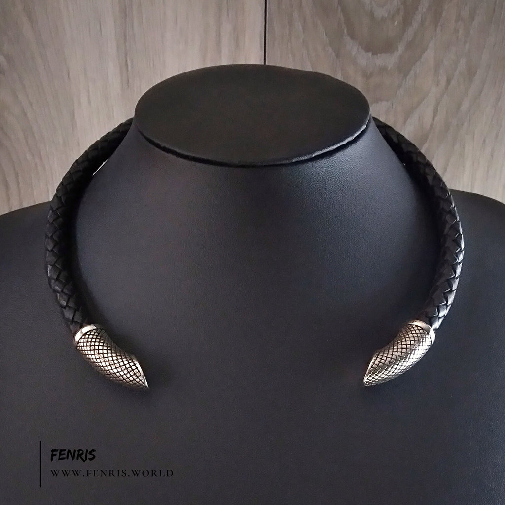 Torc Necklace Black Leather Silver Modern – Fenris