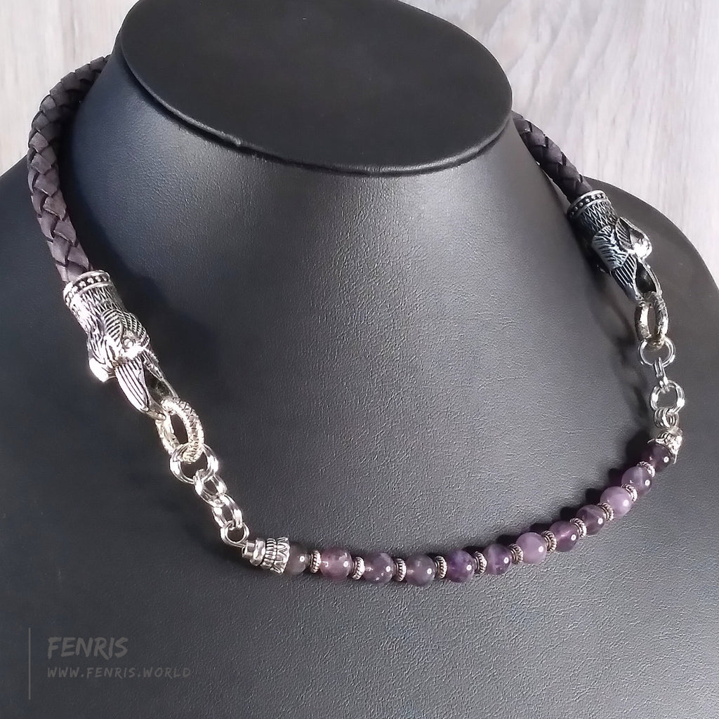 Raven Necklace Choker Silver Gray Leather Amethyst Beads – Fenris