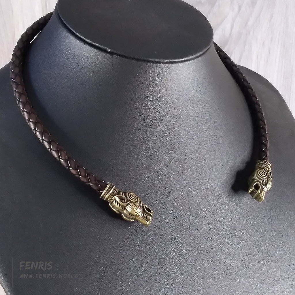 Wolf Torc Necklace Bronze Brown Leather Norse Viking Style – Fenris