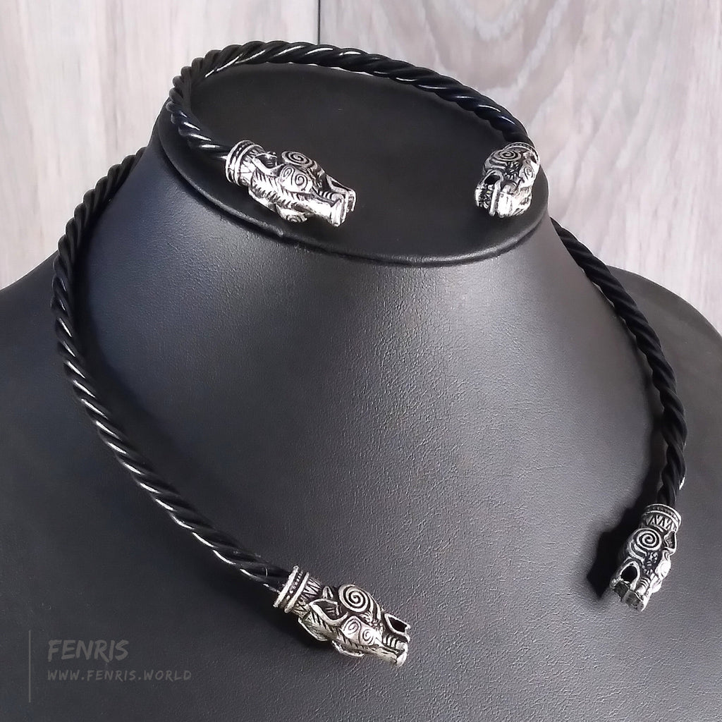Wolf Torc Necklace Bracelet Set Silver Black Norse Viking Style – Fenris
