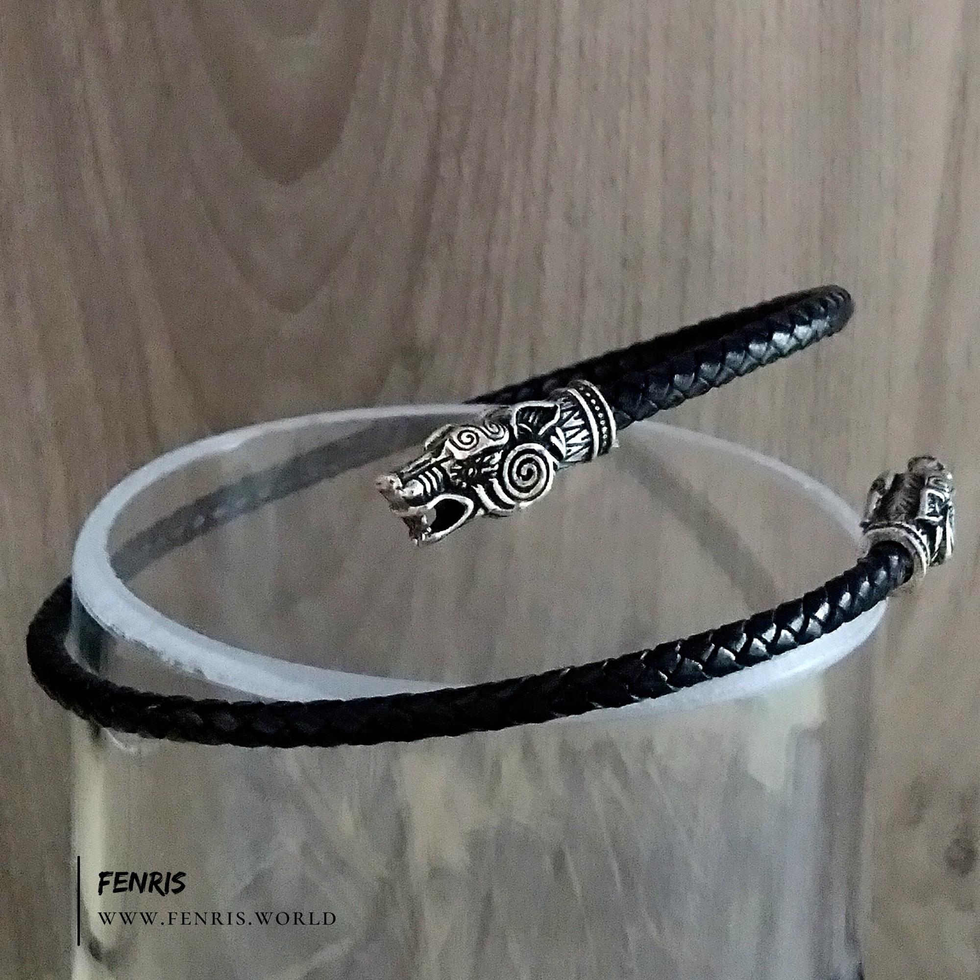 Wolf Arm Ring Torc Bracelet Silver Black Leather – Fenris