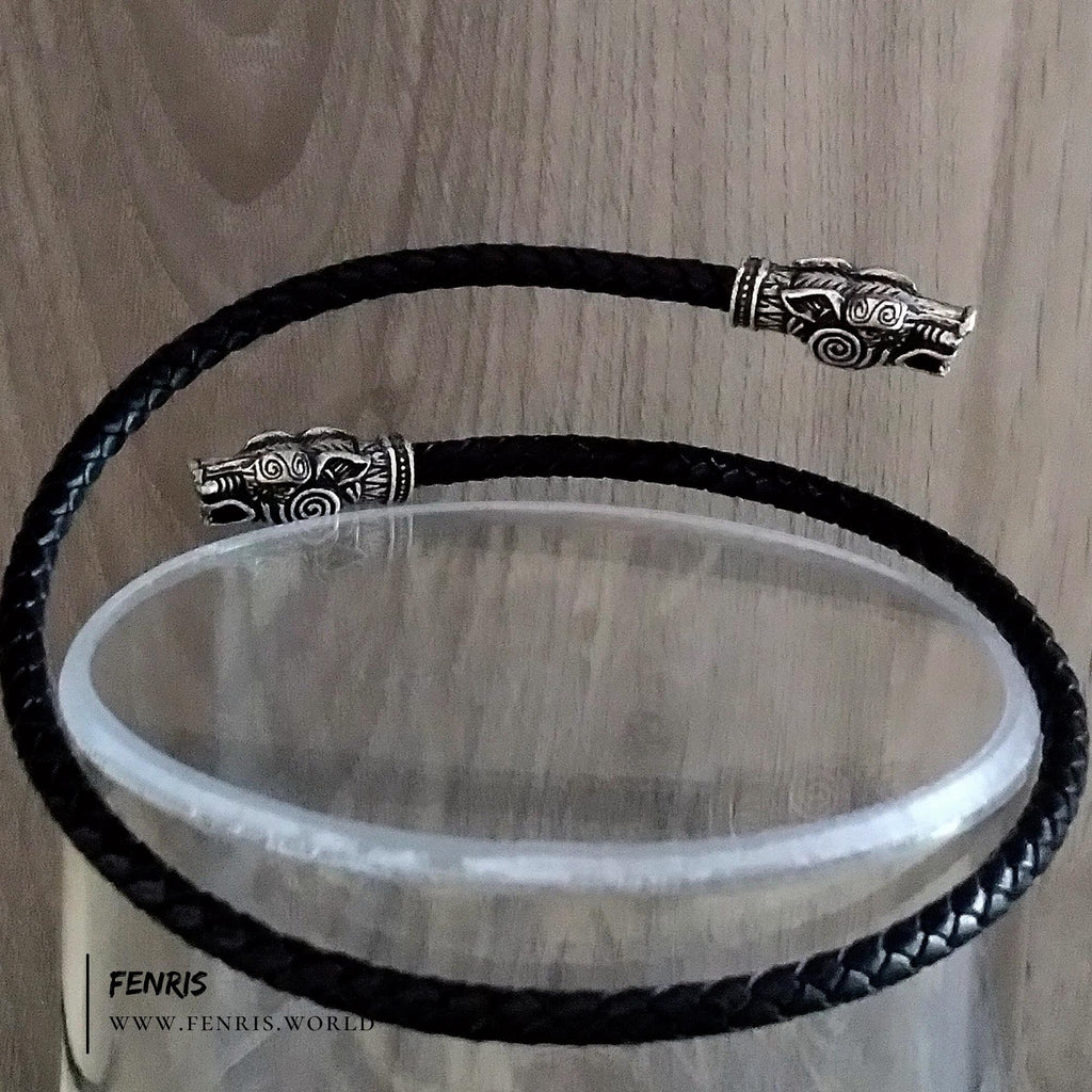 Wolf Arm Ring Torc Bracelet Silver Black Leather – Fenris