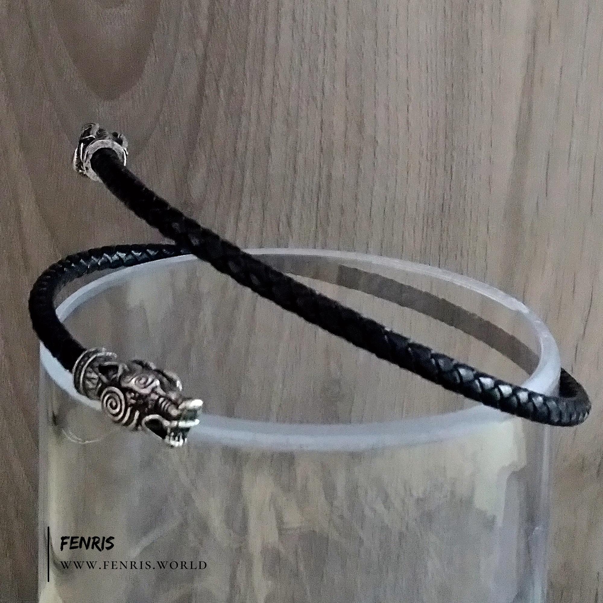 Wolf Arm Ring Torc Bracelet Silver Black Leather – Fenris