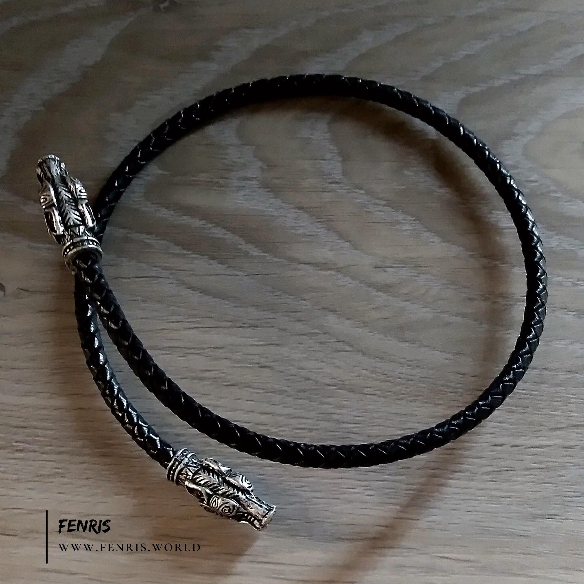 Wolf Arm Ring Torc Bracelet Silver Black Leather – Fenris