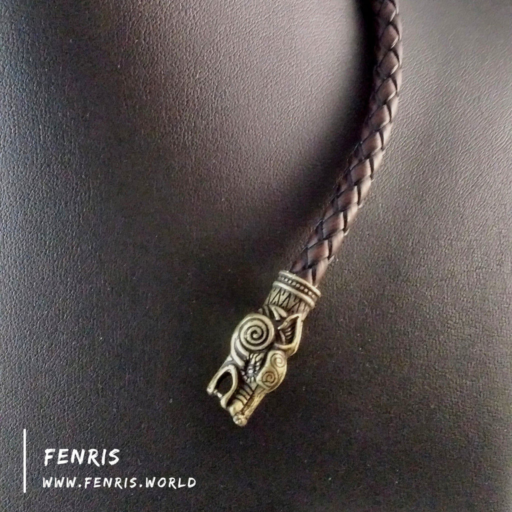 Wolf Torc Necklace Bronze Brown Leather Norse Viking Style – Fenris