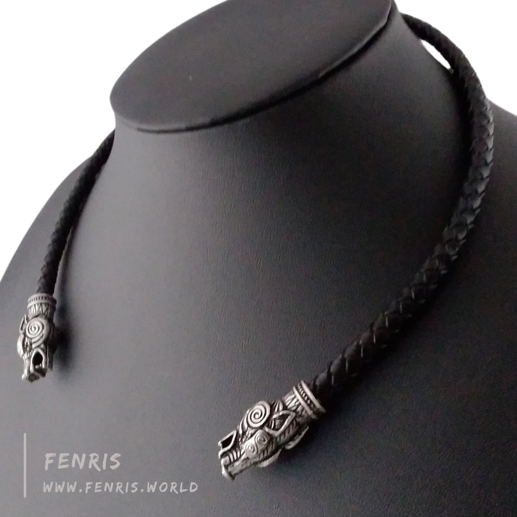 Wolf Torc Necklace Silver Black Leather Norse Viking Style – Fenris