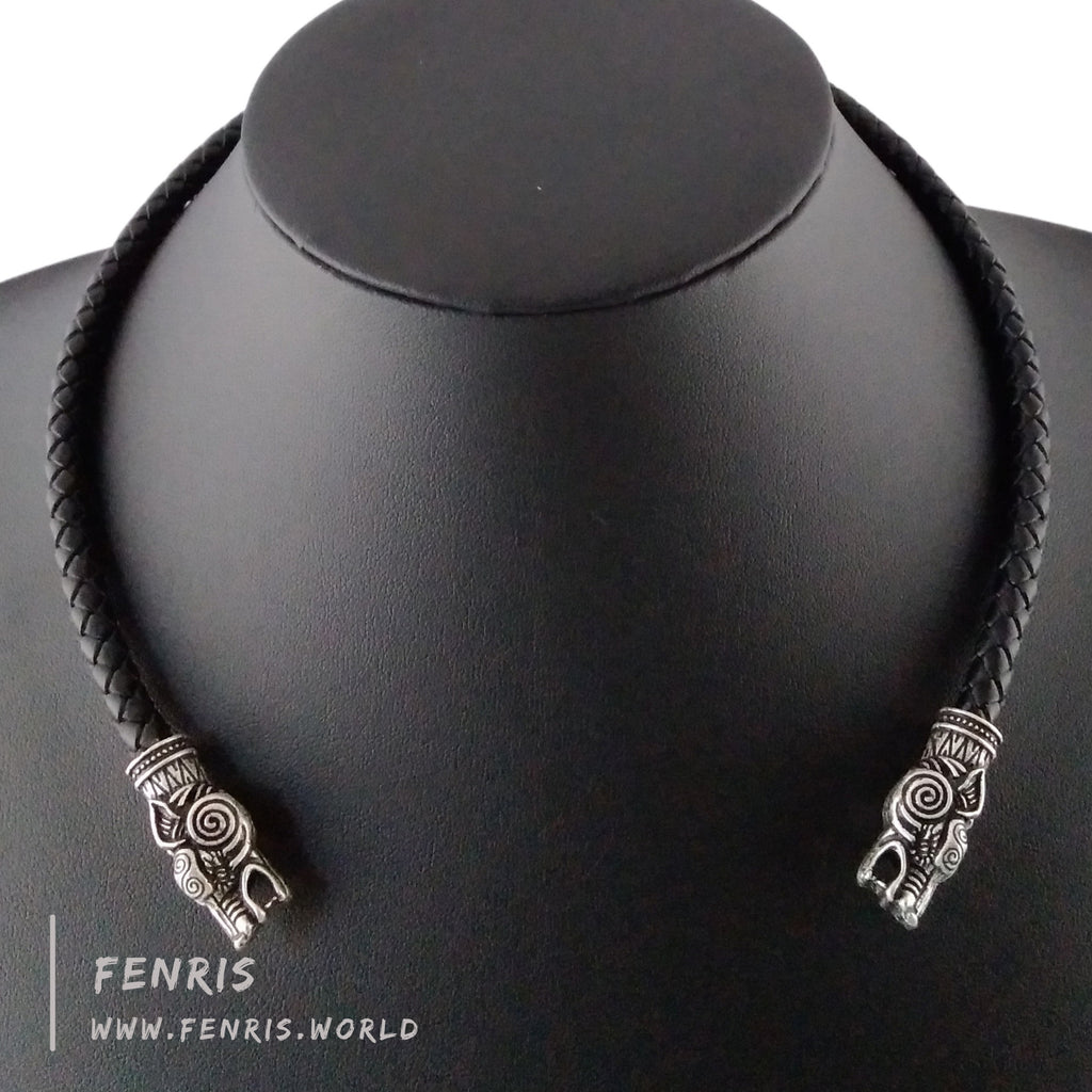Wolf Torc Necklace Silver Black Leather Norse Viking Style – Fenris