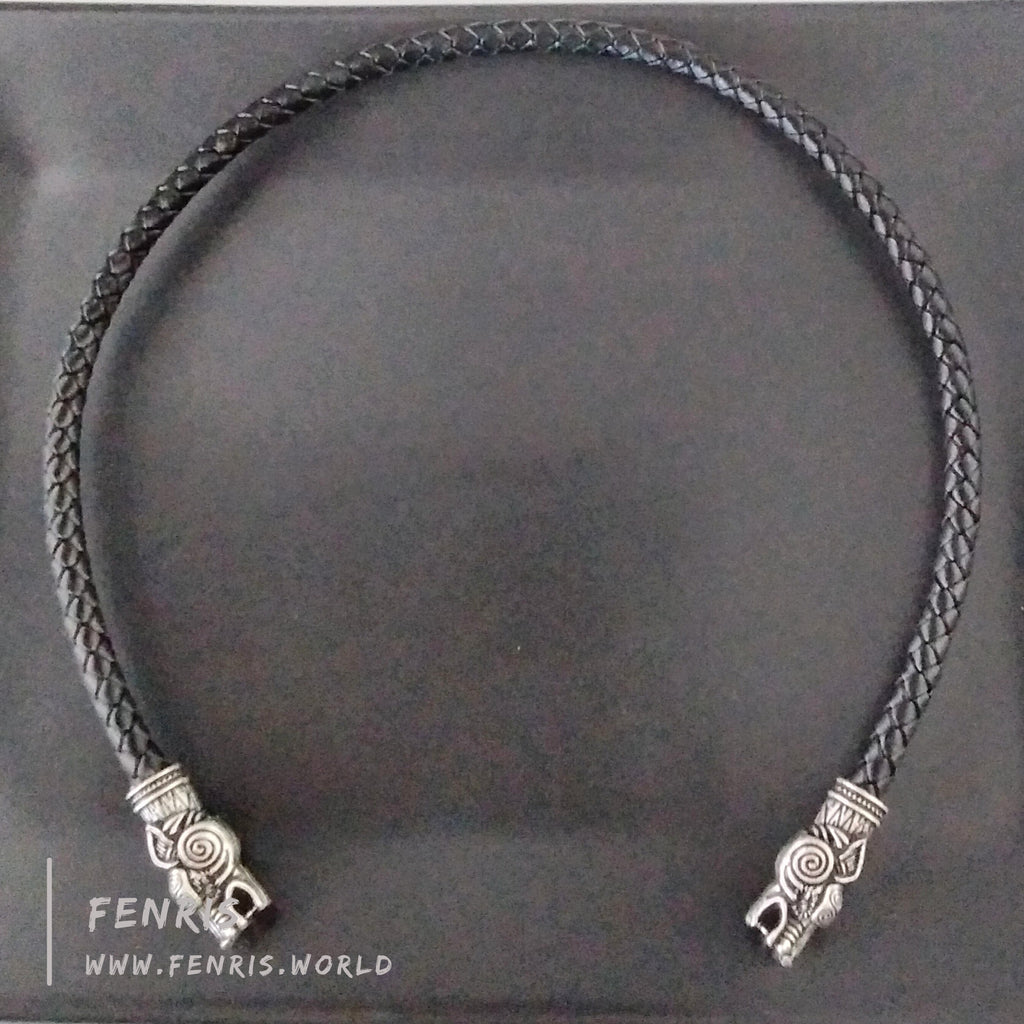Wolf Torc Necklace Silver Black Leather Norse Viking Style – Fenris